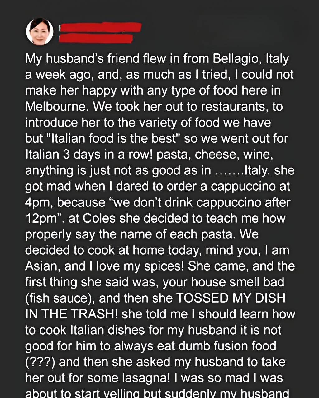Rude Italian Guest Insults Asian Wife Throwing Homemade Meal In Trash ...